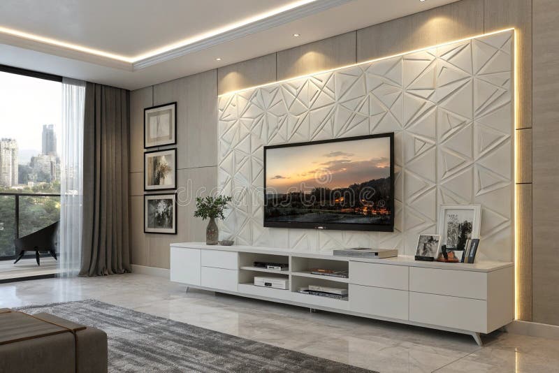 Contemporary Living Room with Wall Panel and TV Stock Illustration ...