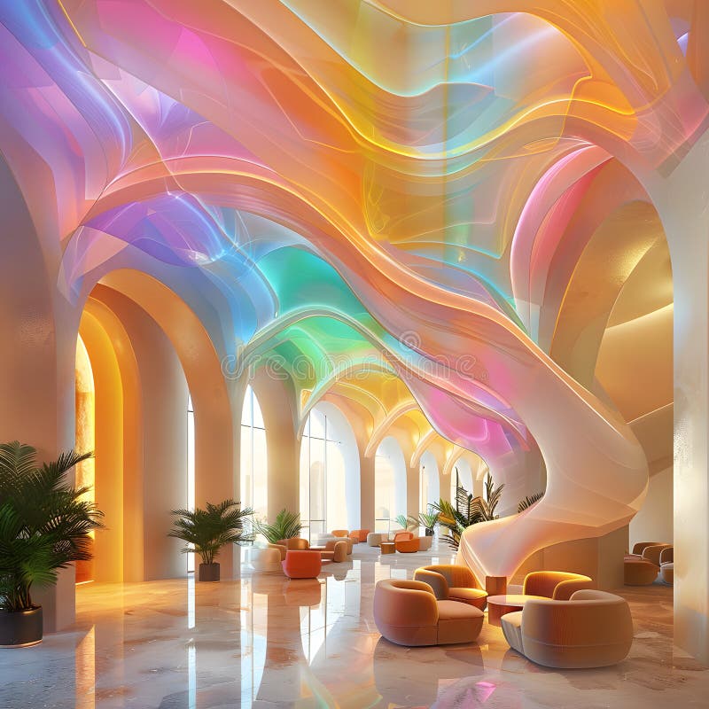 Modern Lobby with Vibrant Animated Ceiling and Cozy Seating Stock Image ...