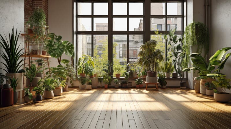 Contemporary Loft with Plants on Wooden Floor Stock Illustration ...