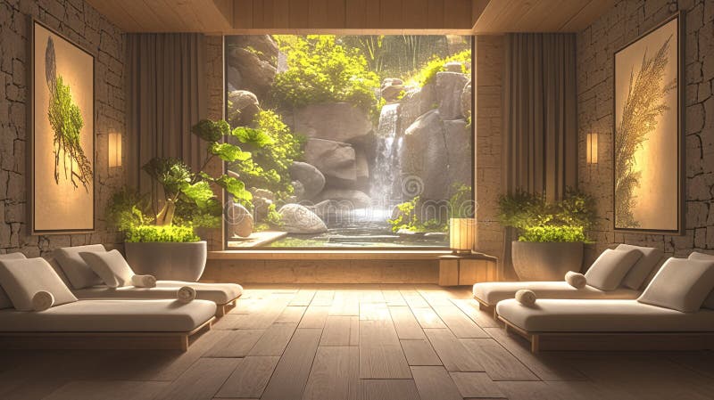 Modern Lounge with Waterfall View Stock Illustration - Illustration of ...
