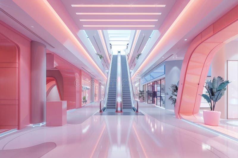 Contemporary Mall with Colorful Interiors, Featuring Escalators and ...