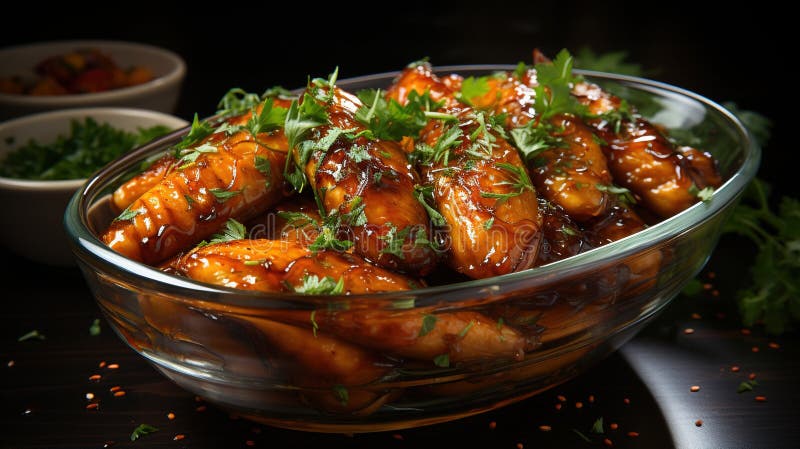 Contemporary Marinated Chicken Claws in Plate Garnished with Leafy ...