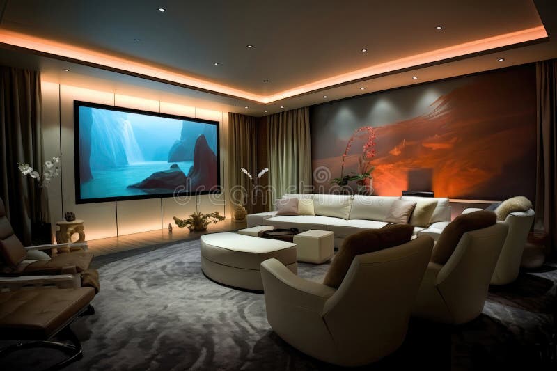 Contemporary Media Room with Large Screen and Comfortable Seating ...