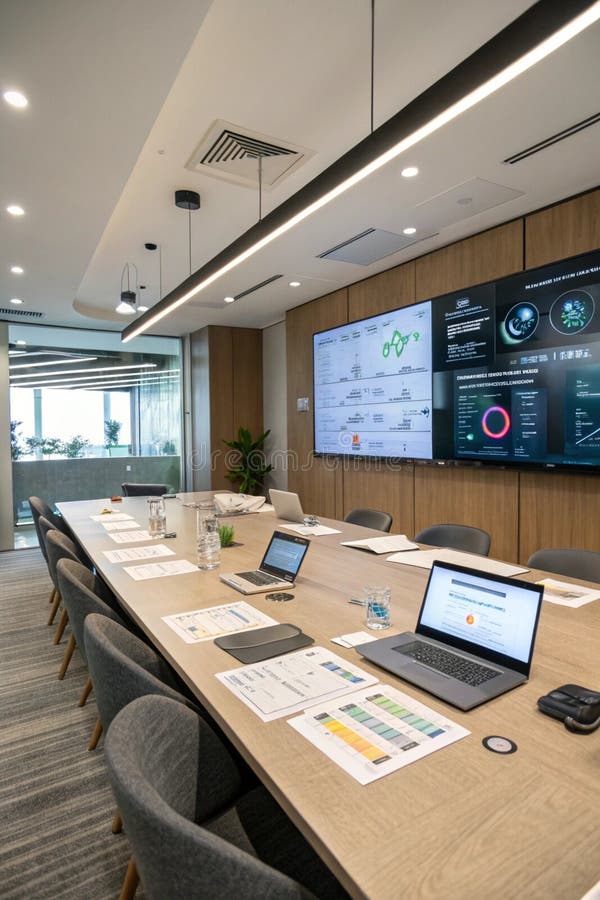 Modern Meeting Room with Large Conference Table Stock Illustration ...