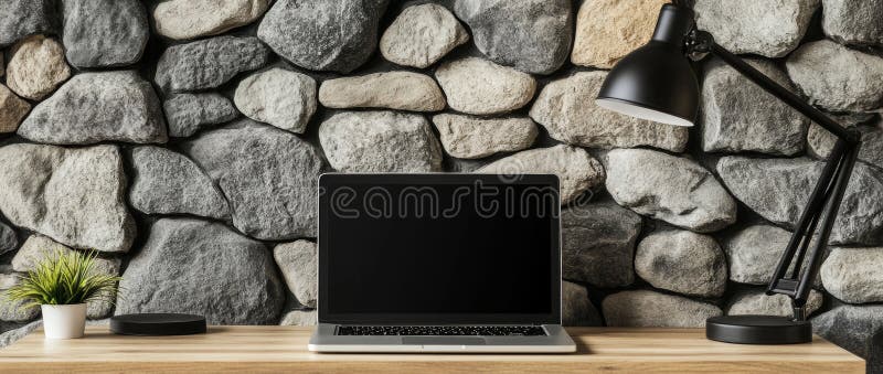 Contemporary Minimalist Office Space in Front of a Rustic Stone Wall ...
