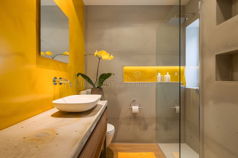 Contemporary Modern Bathroom Interior in Yellow Colors and Concrete ...