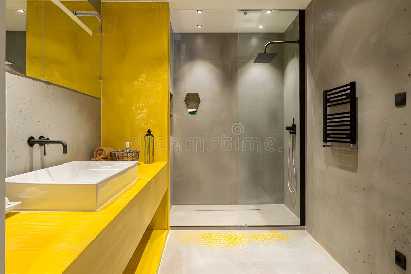 Contemporary Modern Bathroom Interior in Yellow Colors and Concrete ...