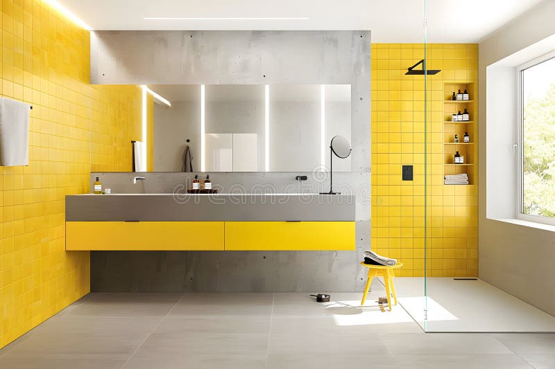 Contemporary Modern Bathroom Interior in Yellow Colors and Concrete ...