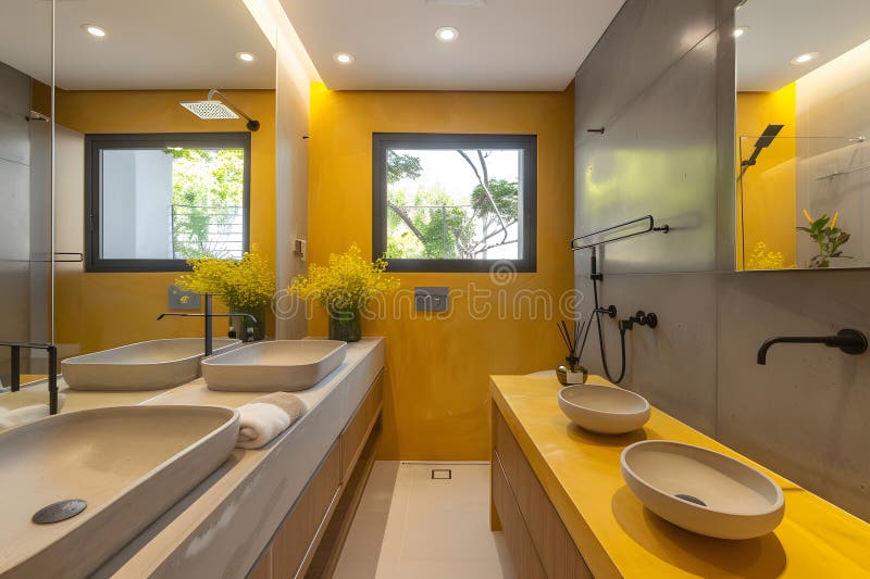 Contemporary Modern Bathroom Interior in Yellow Colors and Concrete ...