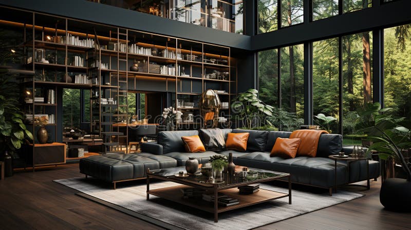 Contemporary Modern Bookshelves Library with Luxury Sofa Dark Themed ...
