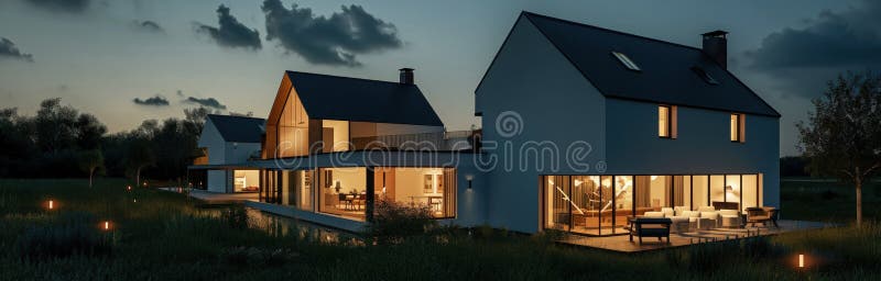 Contemporary Modern House in the Countryside at Night Stock Image ...