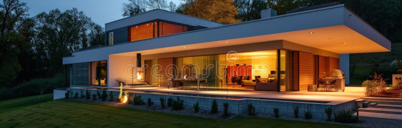 Contemporary Modern House in the Countryside at Night Stock Photo ...
