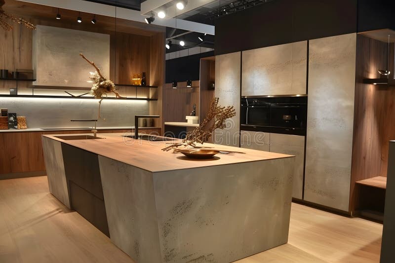 Contemporary Modern Kitchen Interior in Beige Colors and Concrete ...