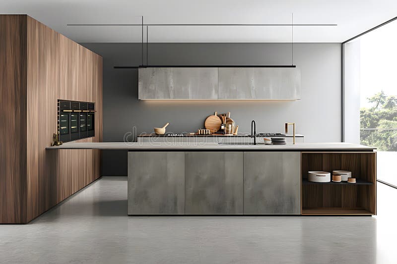 Contemporary Modern Kitchen Interior in Beige Colors and Concrete ...