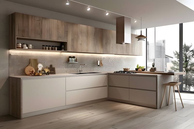 Contemporary Modern Kitchen Interior in Beige Colors and Concrete ...