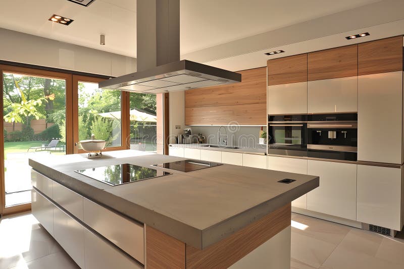 Contemporary Modern Kitchen Interior in Beige Colors and Concrete ...
