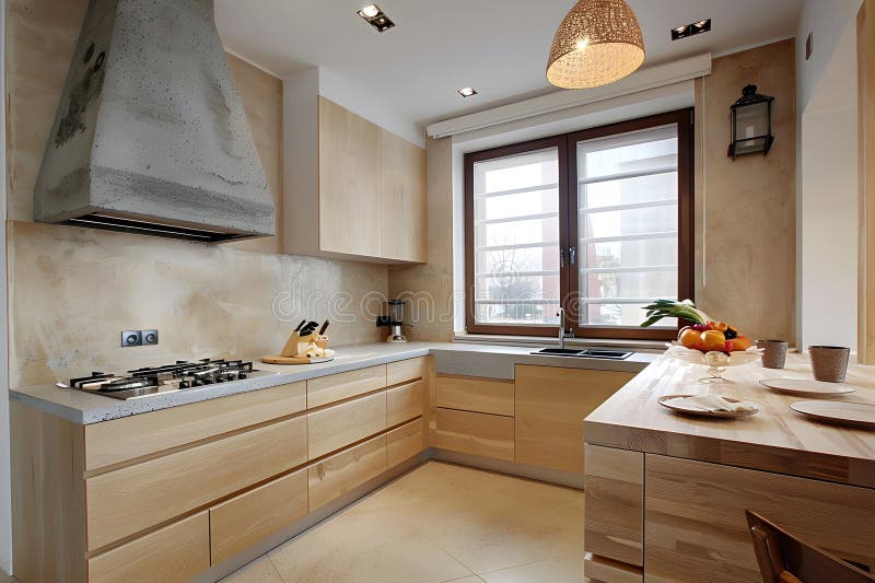Contemporary Modern Kitchen Interior in Beige Colors and Concrete ...