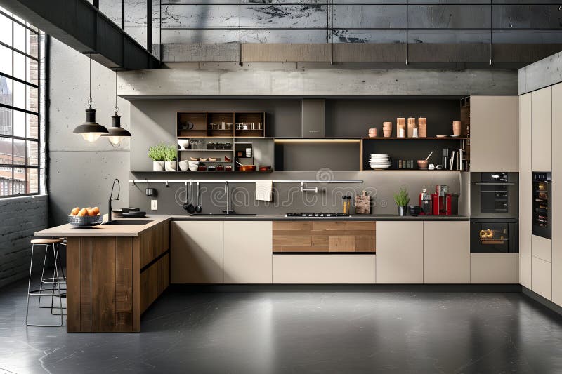 Contemporary Modern Kitchen Interior in Beige Colors and Concrete ...