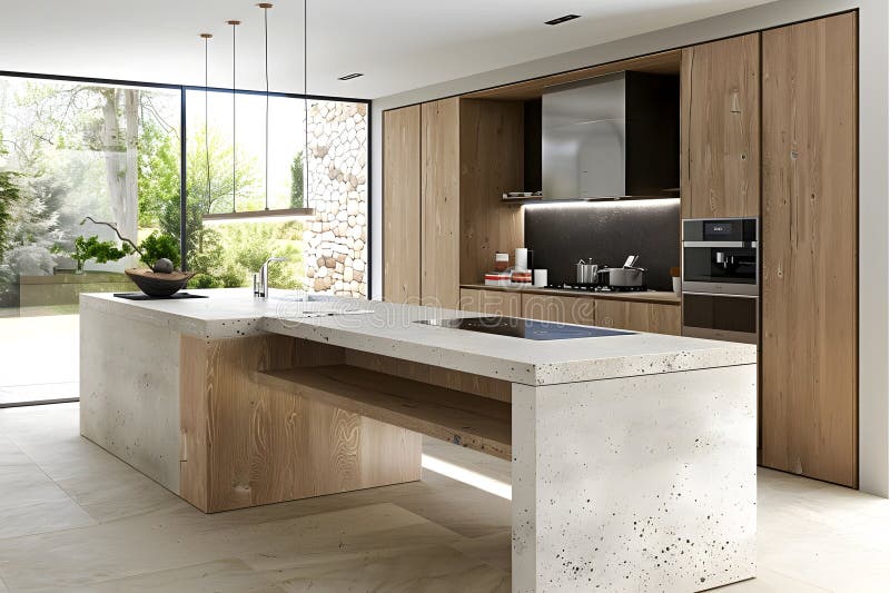 Contemporary Modern Kitchen Interior in Beige Colors and Concrete ...