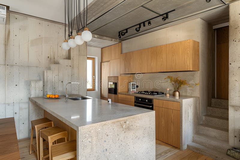 Contemporary Modern Kitchen Interior in Beige Colors and Concrete ...