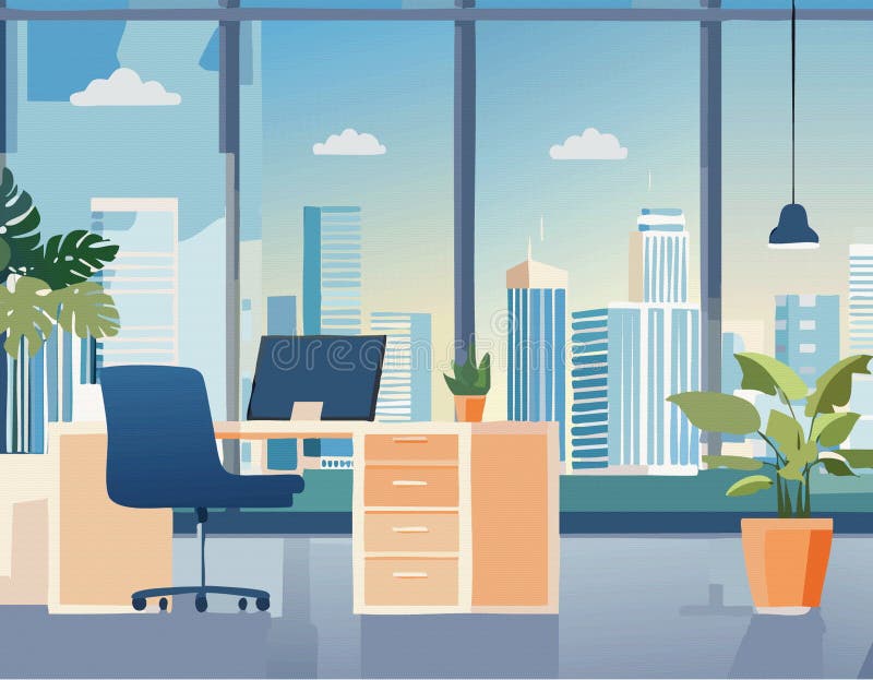 A Contemporary Modern Office Workspace Featuring an Impressive City ...