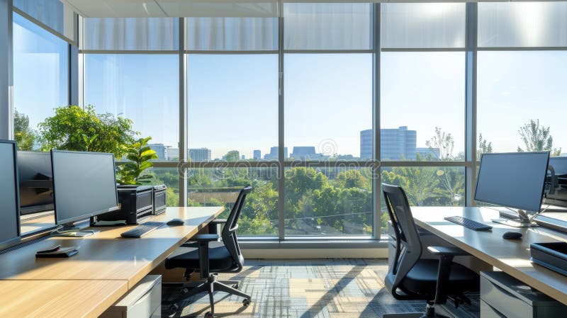 Contemporary Office with Ample Natural Light from Large Windows ...