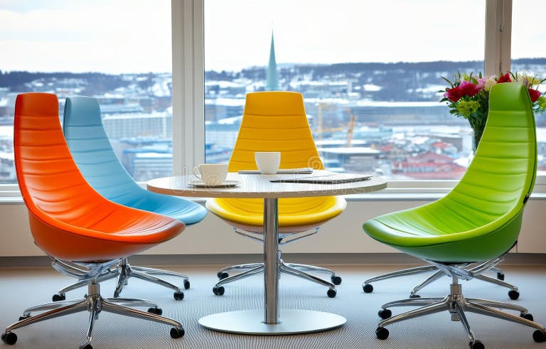 A Contemporary Office Break Room Featuring Bright Decor, Chairs, and a ...