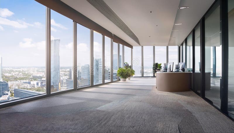 Contemporary Office Corridor with Panoramic Windows, City View ...