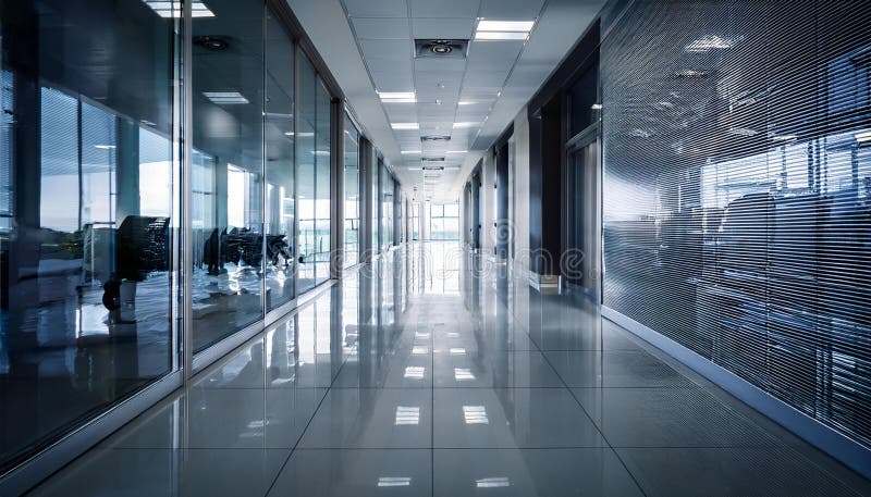 Contemporary Office Corridor with Reflections. 3D Rendering Stock ...