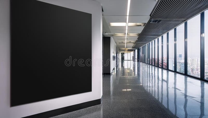 Contemporary Office Corridor with Reflections and Empty Black Mock Up ...