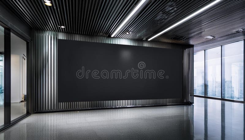 Contemporary Office Corridor with Reflections and Empty Black Mock Up ...