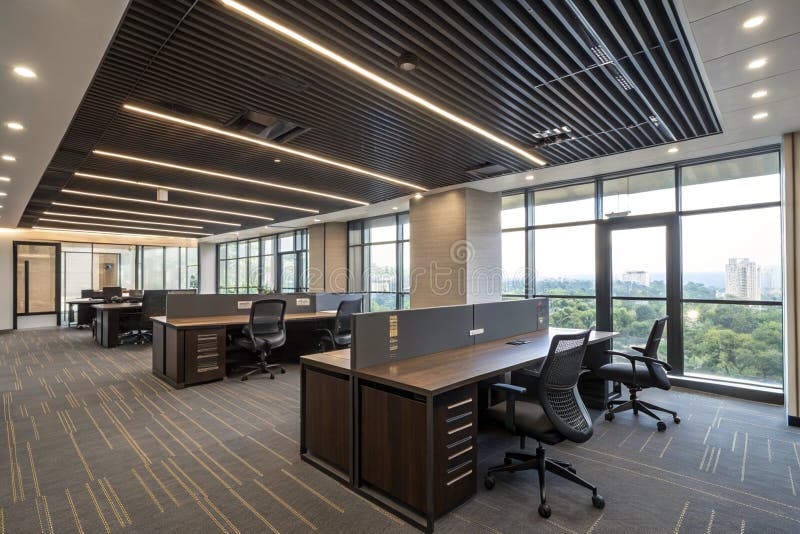 Contemporary Office with Dark Desks and Linear Lighting Stock ...