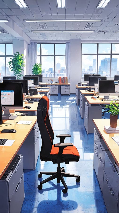 Contemporary Office Design Scene with Anime Professionals in Ergonomic ...