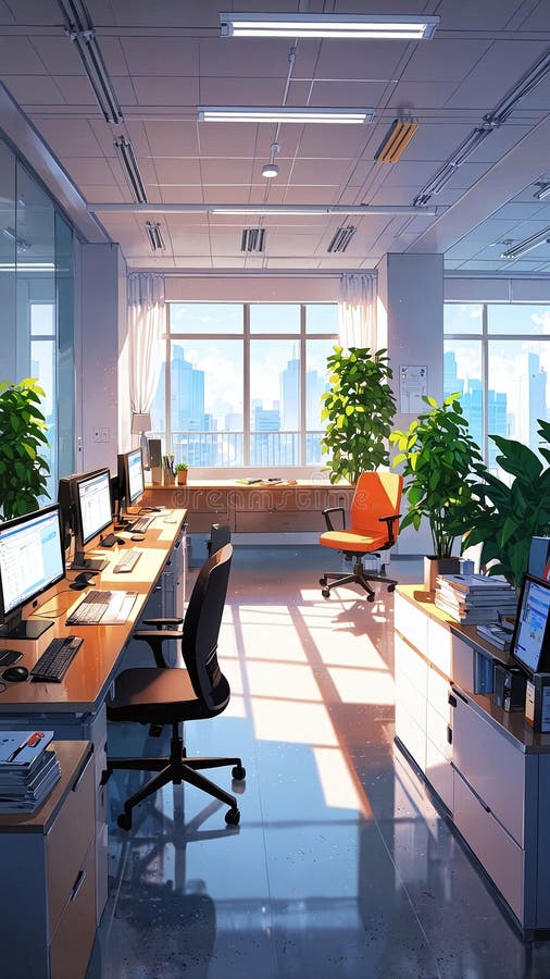 Contemporary Office Design Scene with Anime Professionals in Ergonomic ...