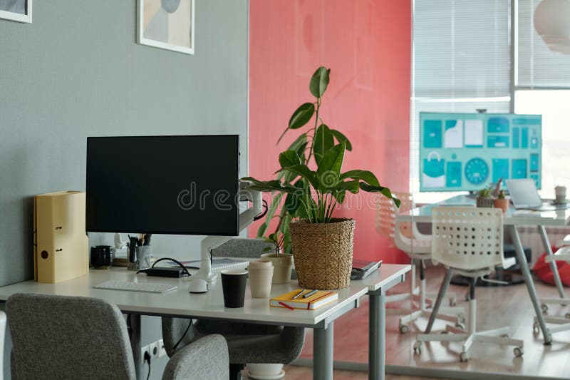 Contemporary Office Desk with Plant and Computer Setup Stock Image ...