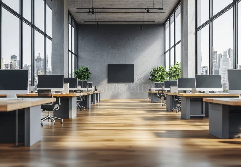 Sleek Modern Office Space with Rows of Desks and Computers Alongside ...