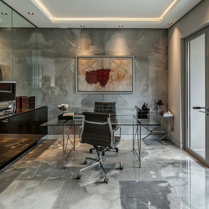 Contemporary Office with Glass Desk and Sleek Grey Walls Stock ...