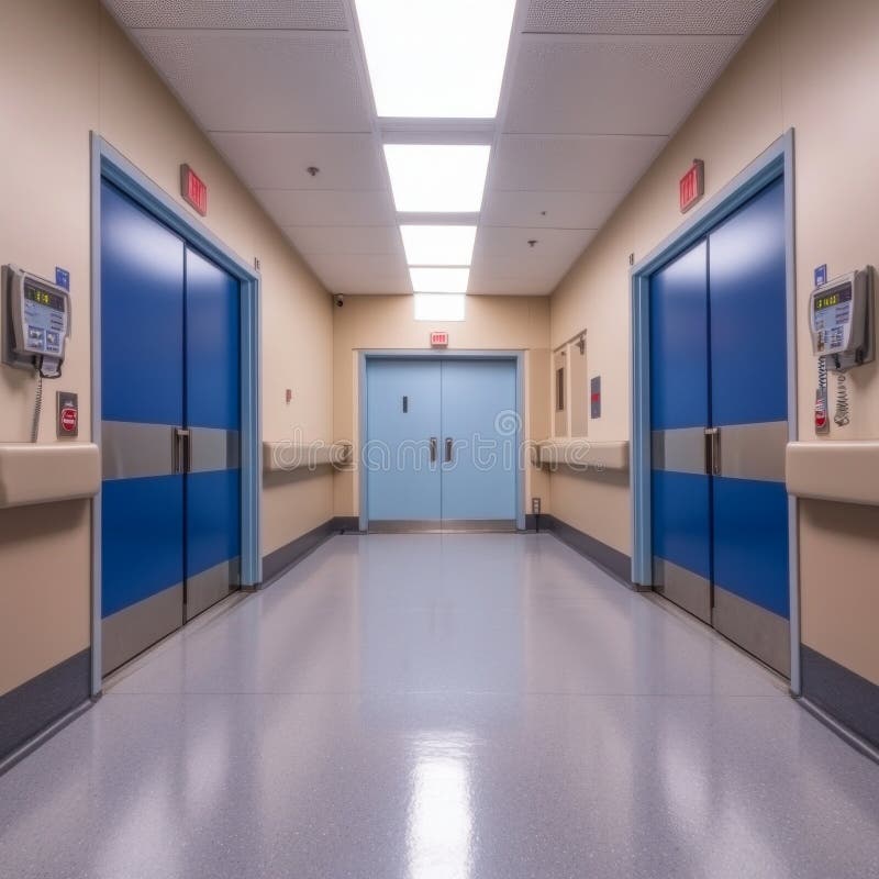 A Contemporary Office Hallway Features Light Blue Doors and Beige Walls ...