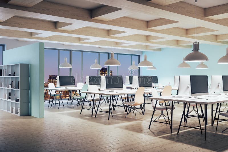 Contemporary Office Interior Hall with Computers and Night City View ...