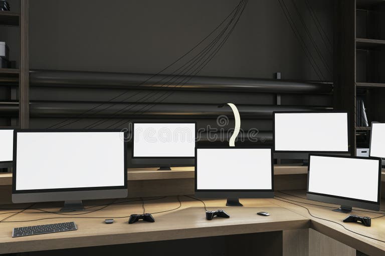 Contemporary Office Interior with Multiple Empty White Computer ...