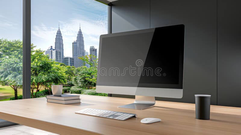 Contemporary Office Interior with Panoramic Window, Workstation, and PC ...