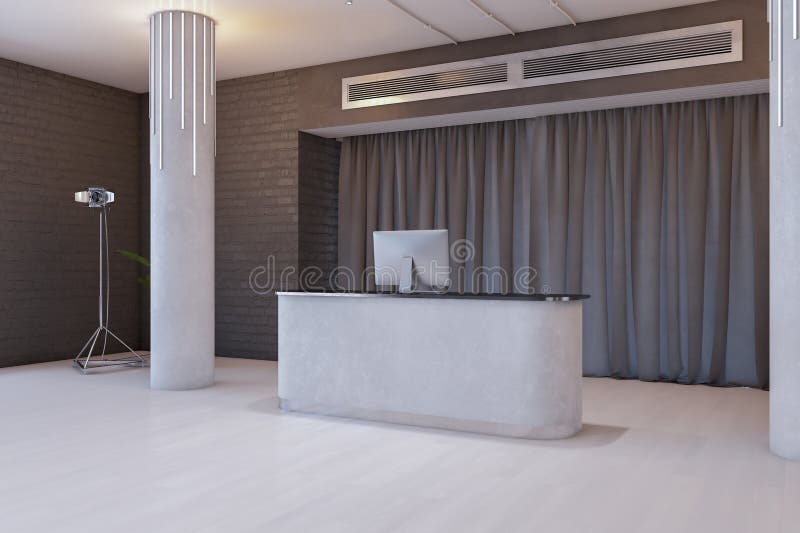 Contemporary Office Interior with Reception Desk, Columns, Curtain and ...
