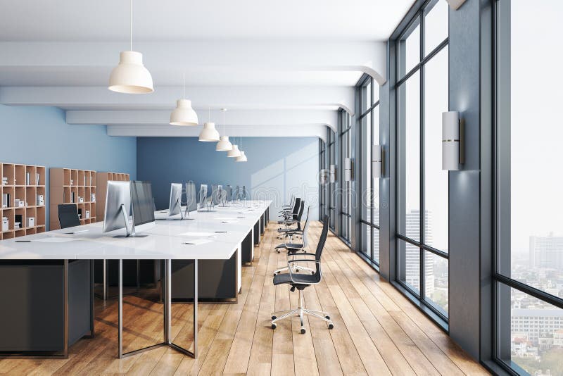 Contemporary Office Interior Room with Computers and Wooden Floor Stock ...
