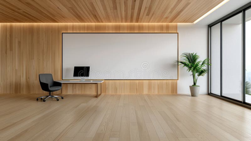 Contemporary Office Interior with Spacious Workspace, Desktop Computer ...
