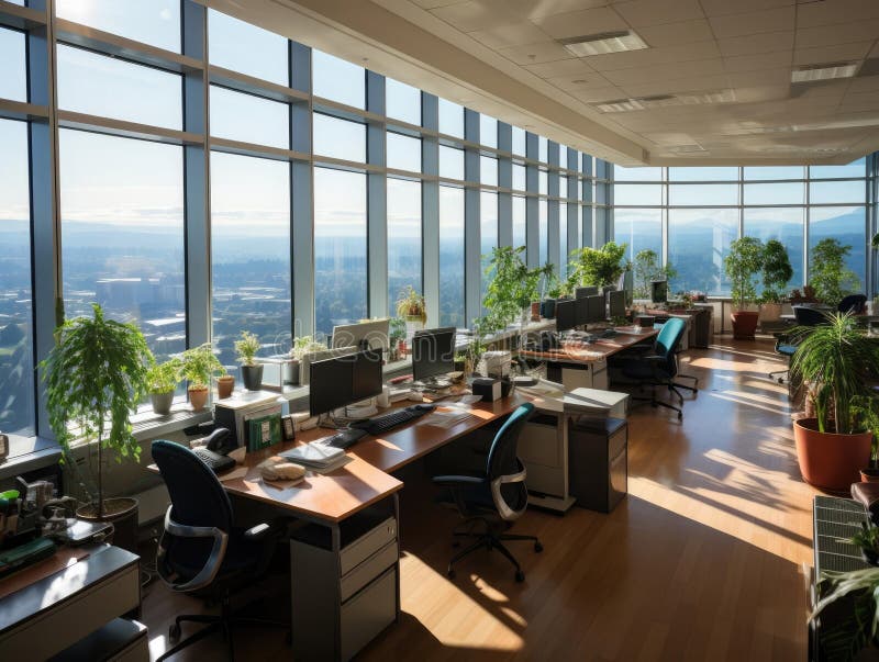 Contemporary Office Interiors Elevated Perspective Camera Shot Stock ...