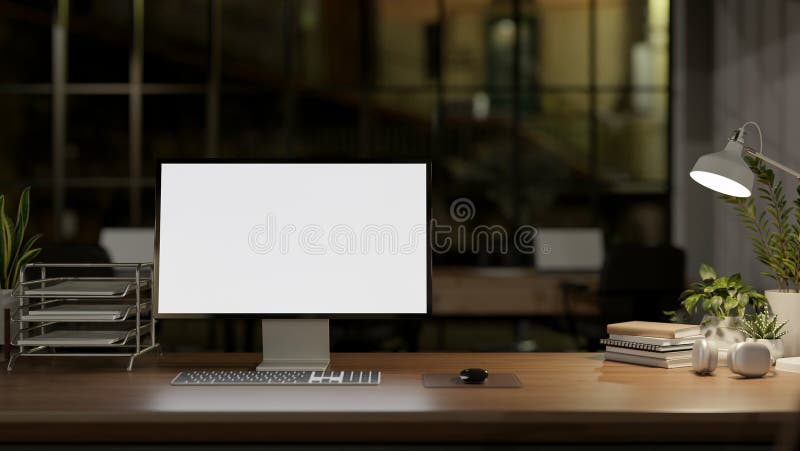 A Contemporary Office at Night Features a PC Computer Mockup and a Dim ...