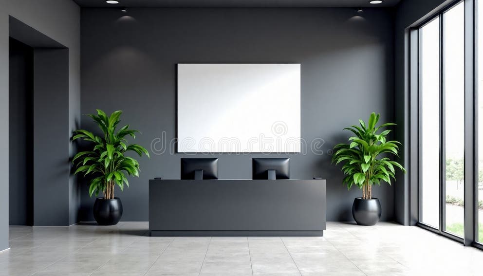Contemporary Office Reception with Dark Front Desk, Computer ...