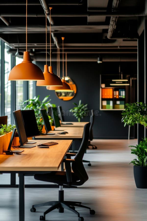 Contemporary Office Reception Desk Featuring Greenery and Illumination ...