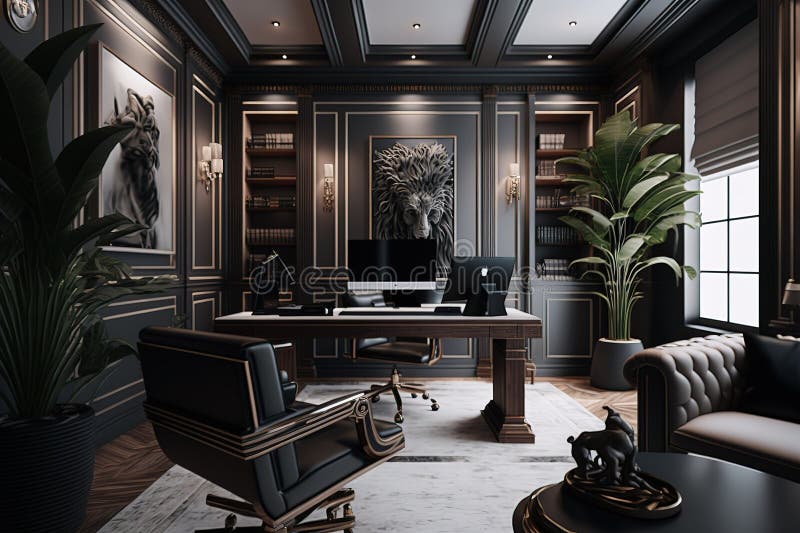 Contemporary Office Room Interior with Computer. Minimalistic Concrete ...