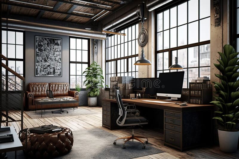 Contemporary Office Room Interior with Computer. Minimalistic Concrete ...